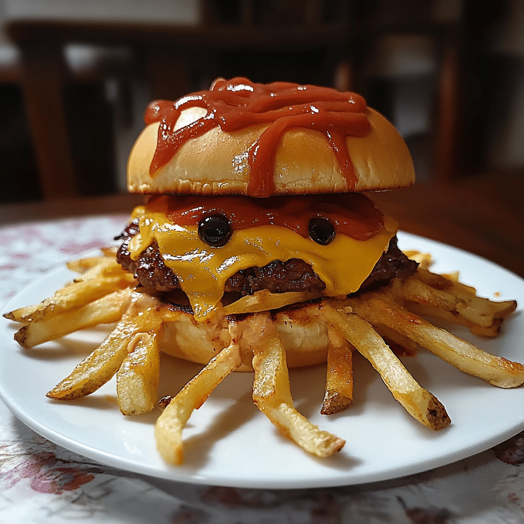 Frightfully, Fun Halloween Spider-themed Burger With Fries - bellieskitchen